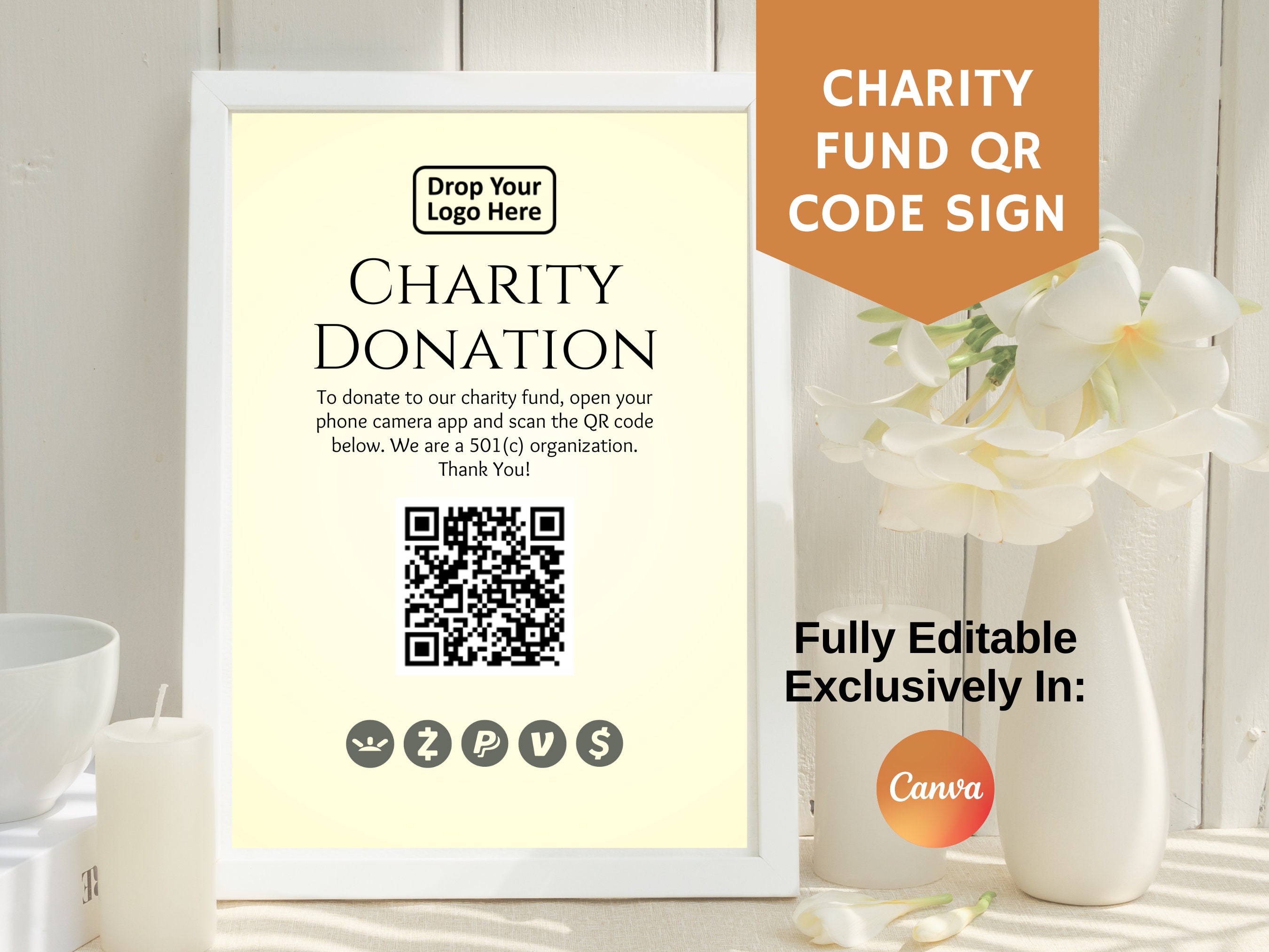 Charity Donation Fund QR Code Scan Sign, Venmo Paypal Cash App Zelle Go Fund Me Donations, Fully ...