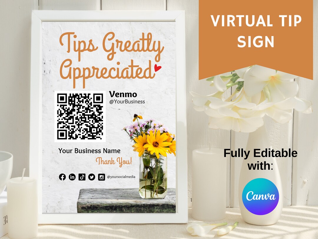 Virtual Tip Jar Sign One QR Code Pay Printable Venmo Payment - Etsy