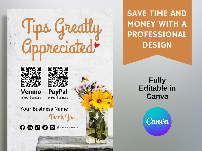 Virtual Tip Jar Sign, Two QR Code Pay, Printable Venmo Payment Sign ...