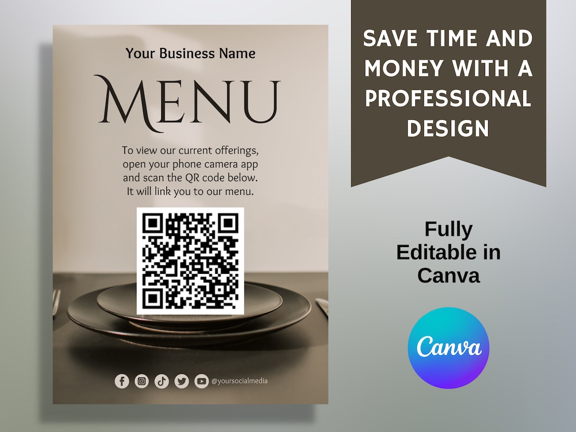Printable Menu QR Code Scan Sign, Paperless Menu for Dining, Restaurant ...