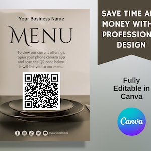 Printable Menu QR Code Scan Sign, Paperless Menu for Dining, Restaurant ...