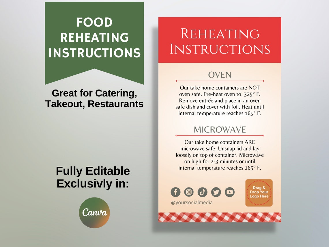 Reheating Instructions Card for Takeout Food, Fully Editable ...