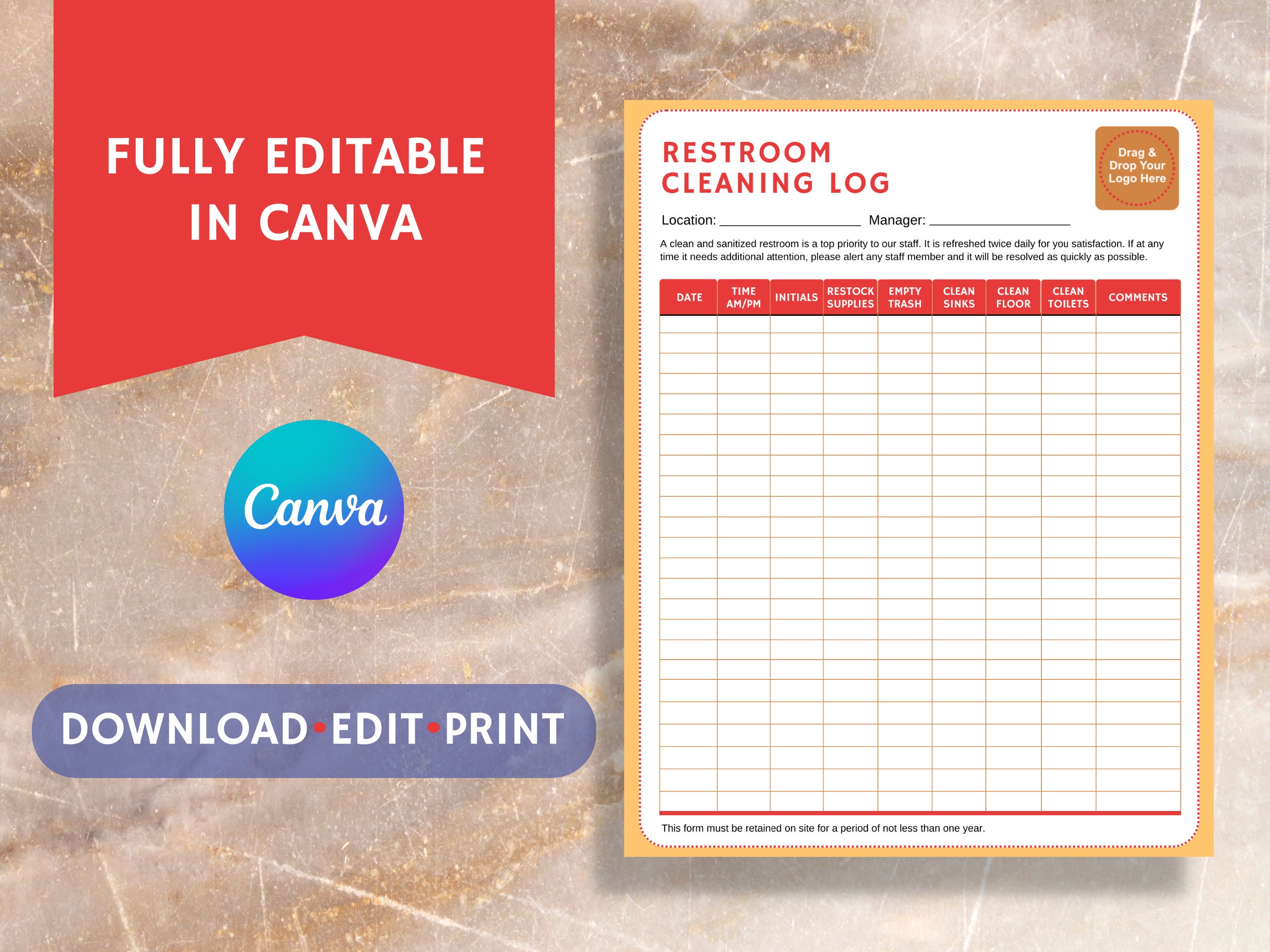Restroom Cleaning Log, Commercial Bathroom Template, Fully Editable in ...