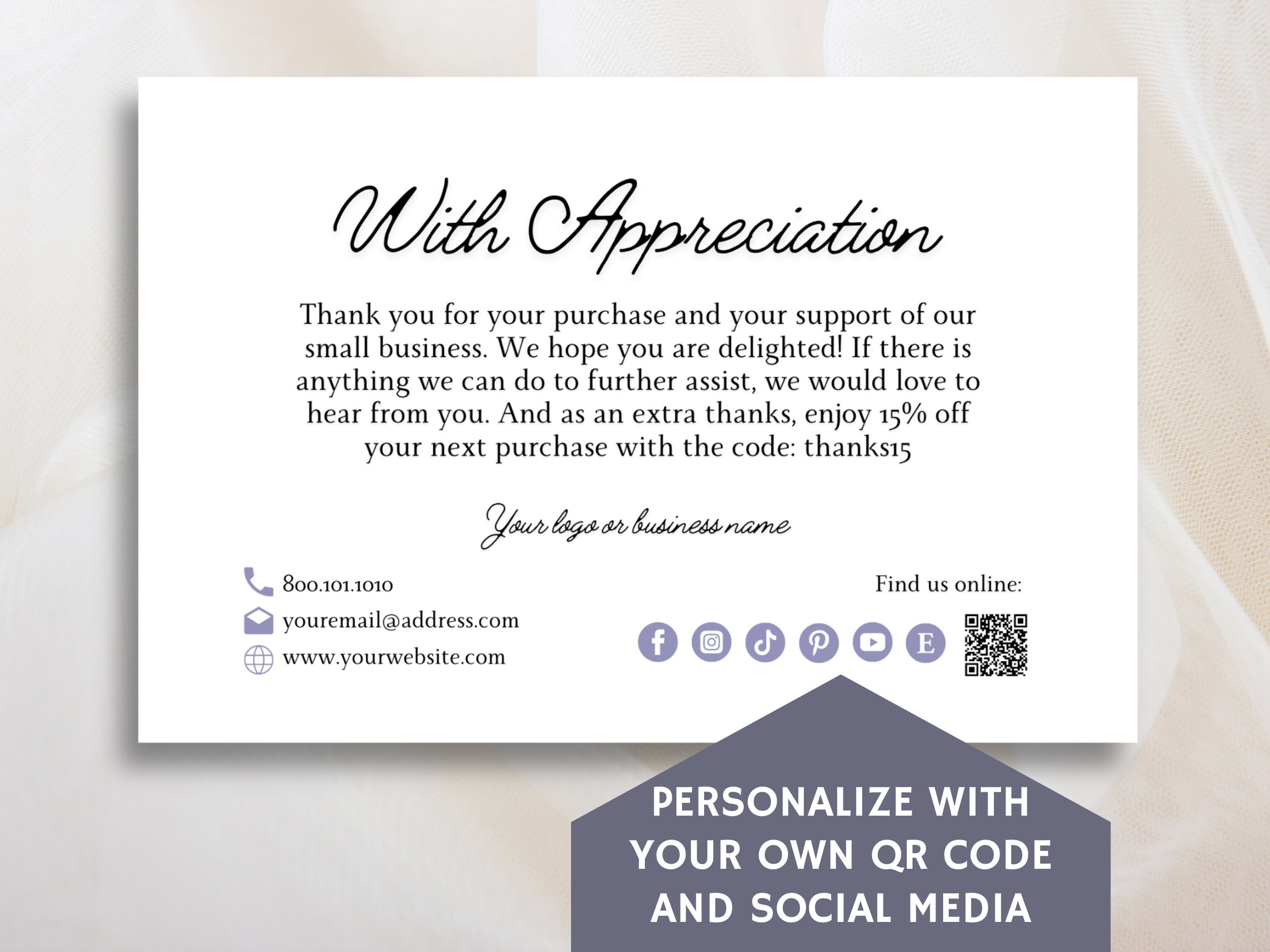 Thank You Card for Your Small Business Purchase, Packaging Insert ...