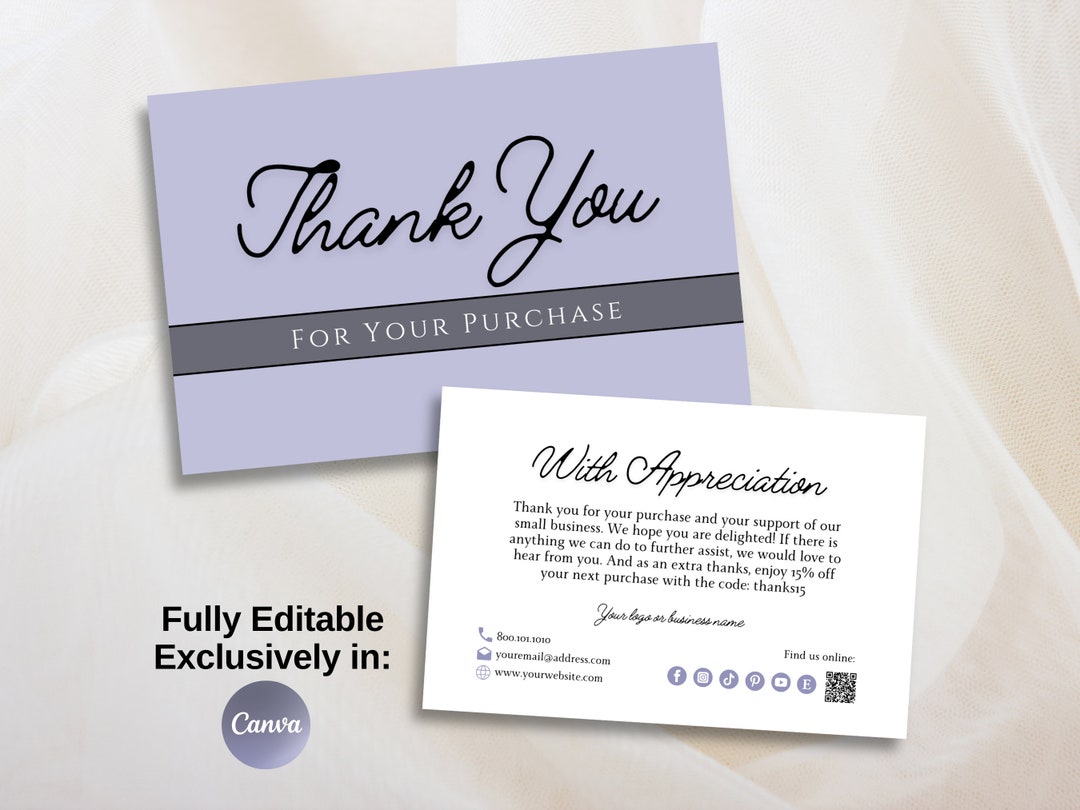 Thank You Card for Your Small Business Purchase, Packaging Insert ...