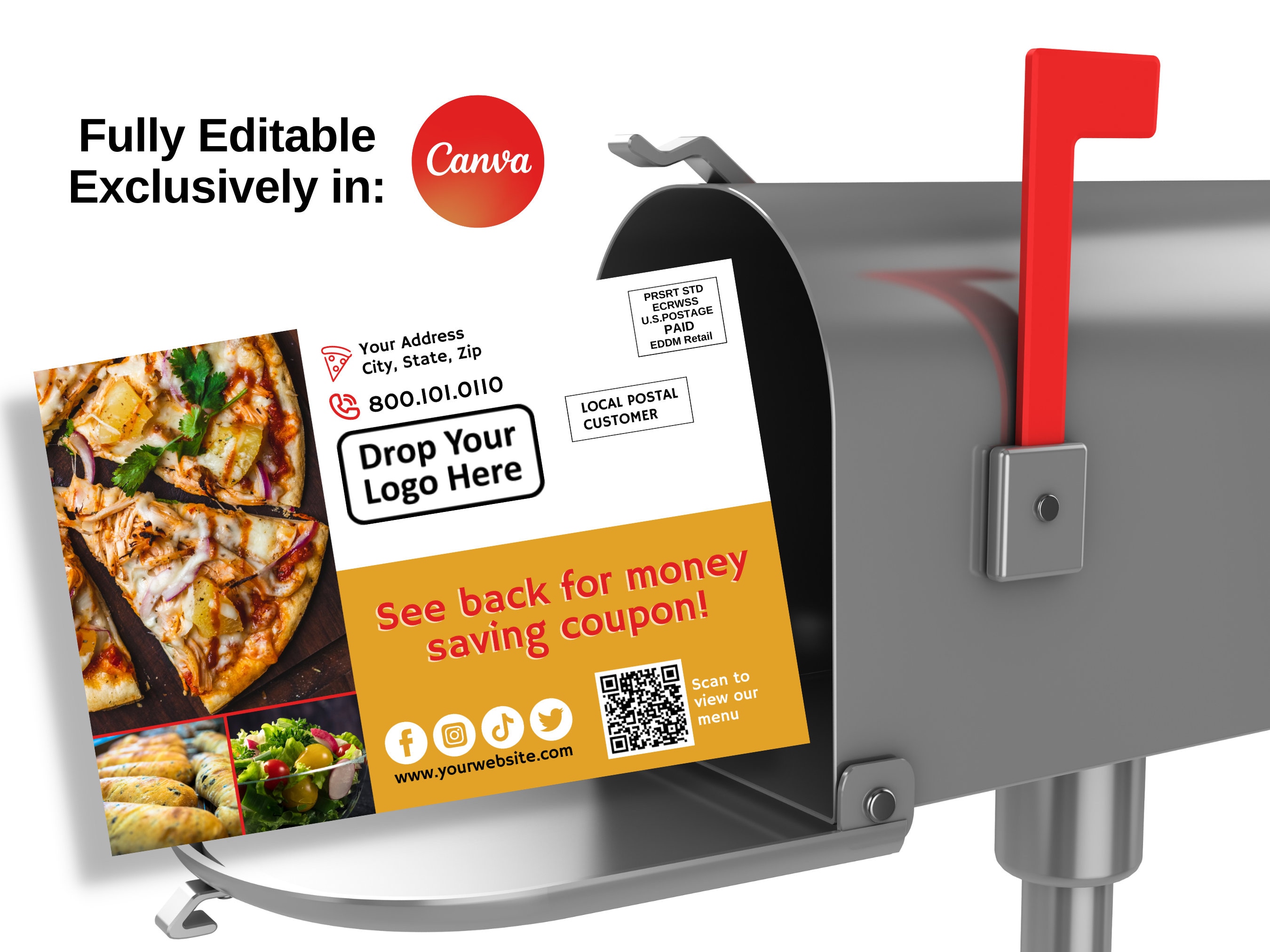 Pizza Restaurant EDDM Postcard, Coupon Marketing Mailer, Fully Editable ...