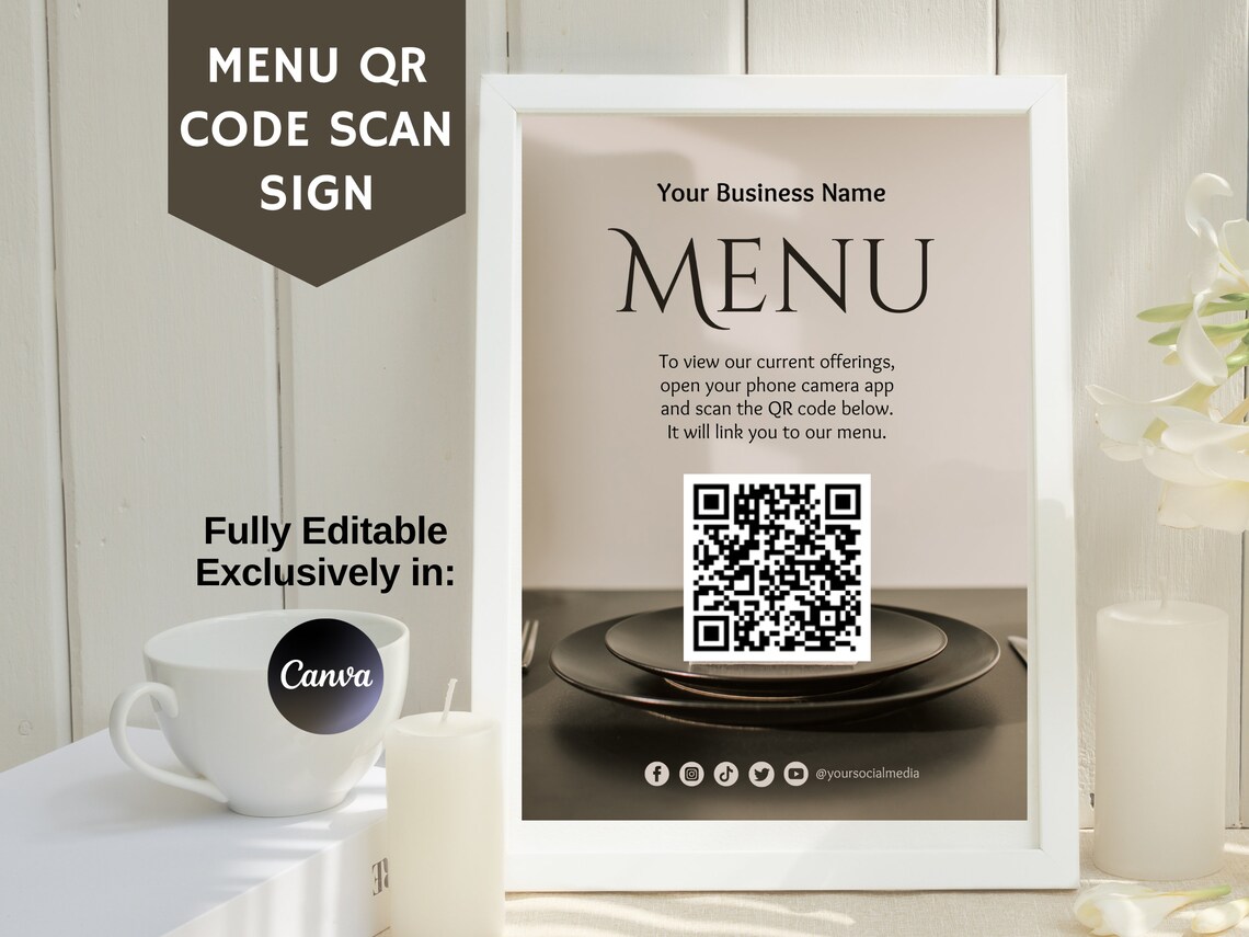 Printable Menu QR Code Scan Sign, Paperless Menu for Dining, Restaurant ...