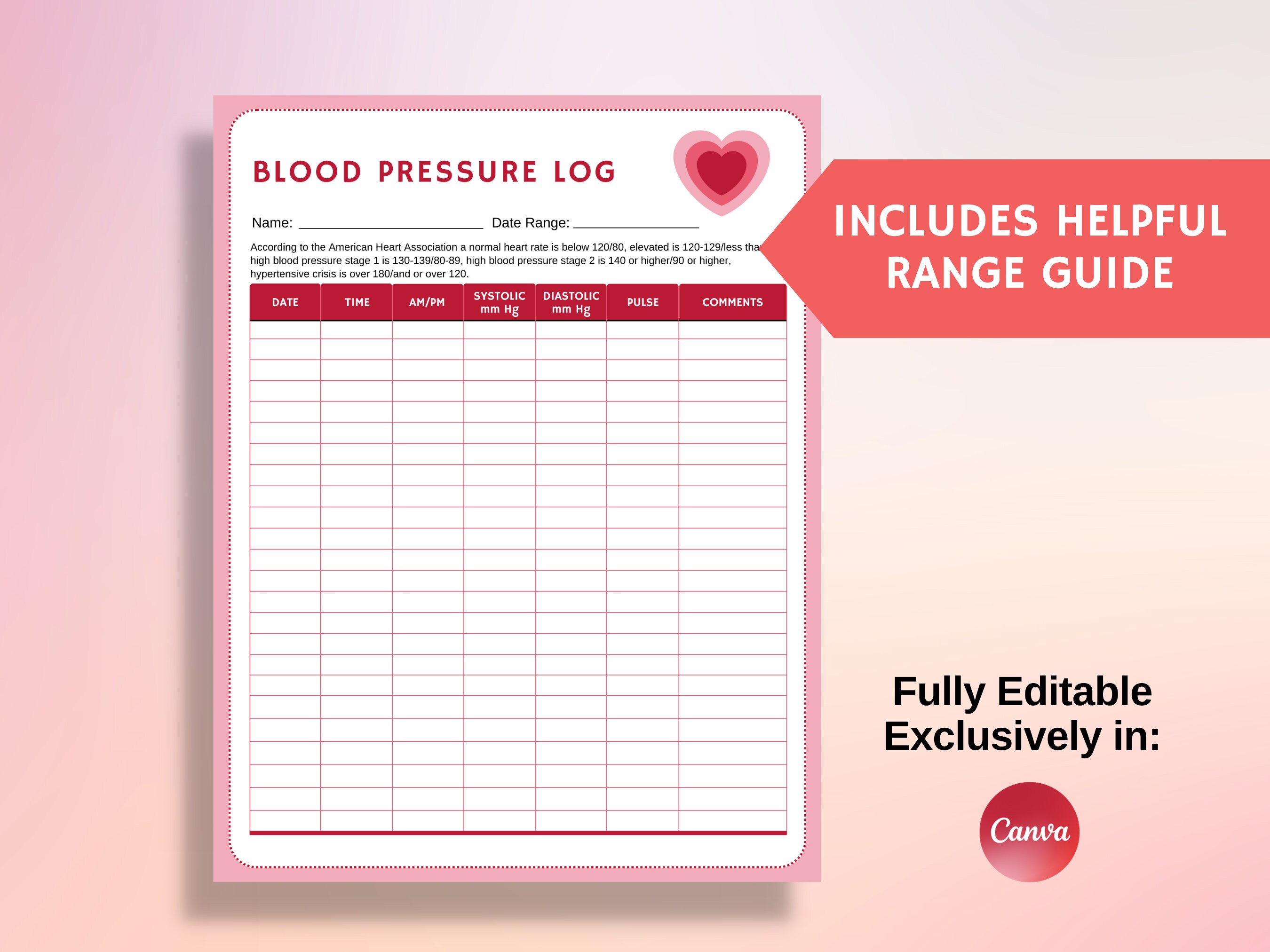 Editable Blood Pressure Log, Heart Health Organizational Chart ...