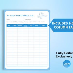 Editable CPAP Maintenance Log, Clean and Healthy Equipment Chart, Care ...