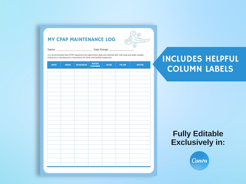 Editable CPAP Maintenance Log, Clean and Healthy Equipment Chart, Care ...