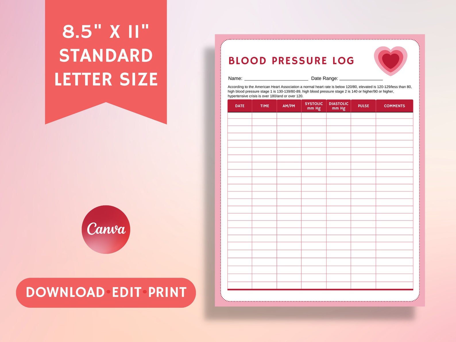 Editable Blood Pressure Log, Heart Health Organizational Chart ...