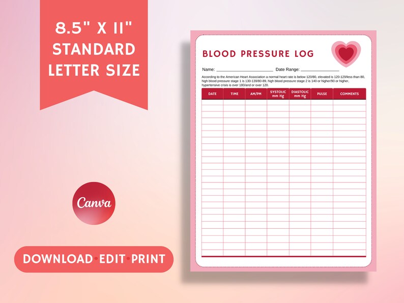 Editable Blood Pressure Log, Heart Health Organizational Chart ...