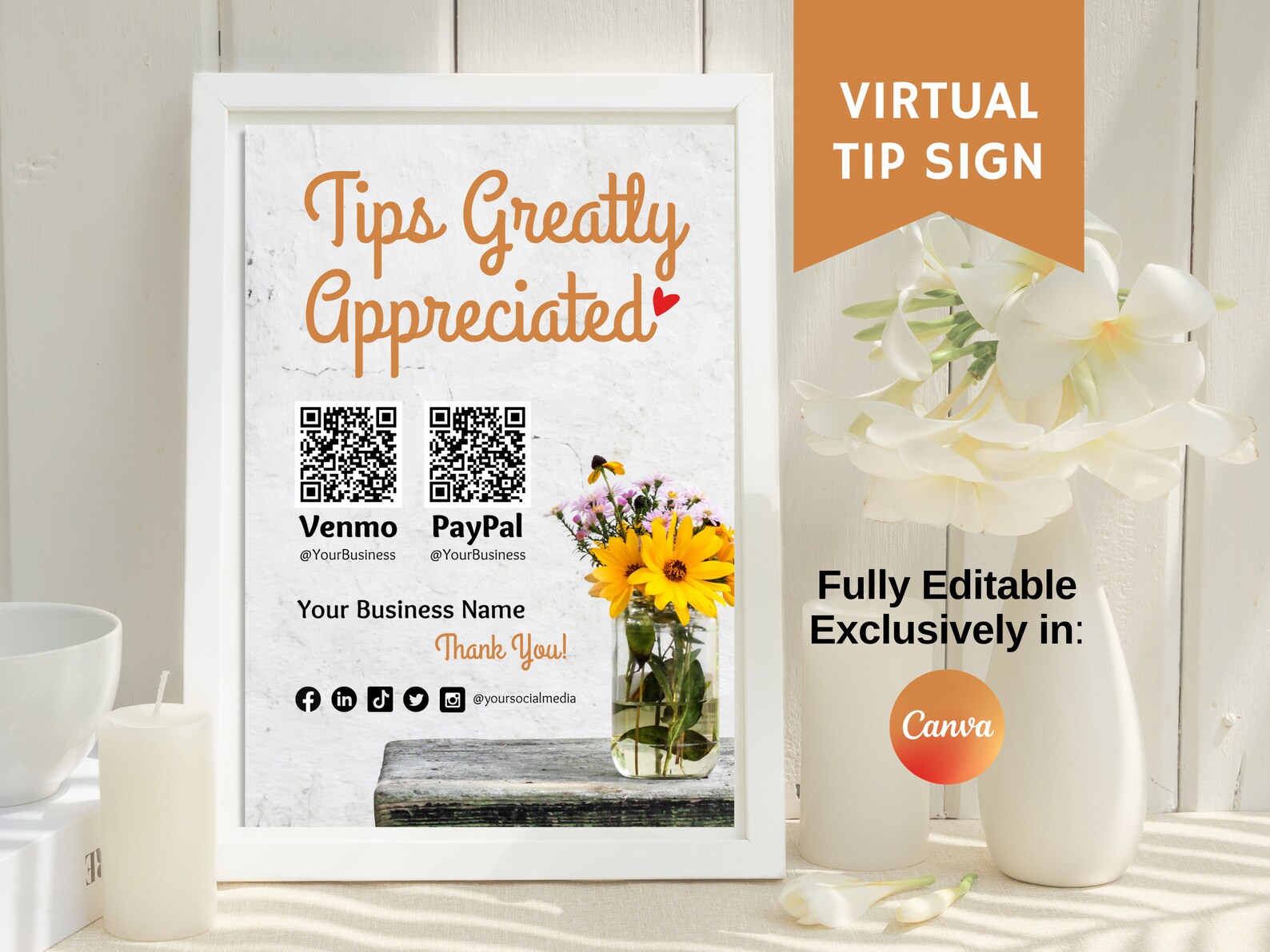 Virtual Tip Jar Sign, Two QR Code Pay, Printable Venmo Payment Sign ...