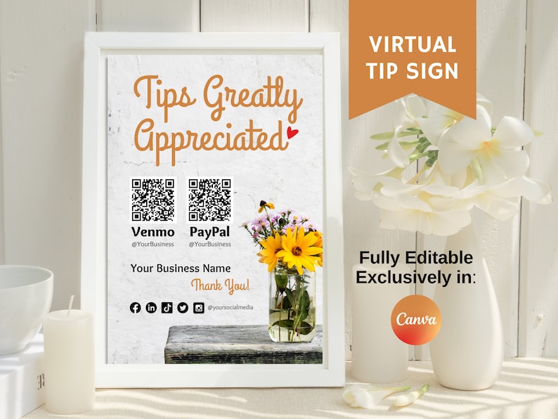 Virtual Tip Jar Sign, Two QR Code Pay, Printable Venmo Payment Sign ...