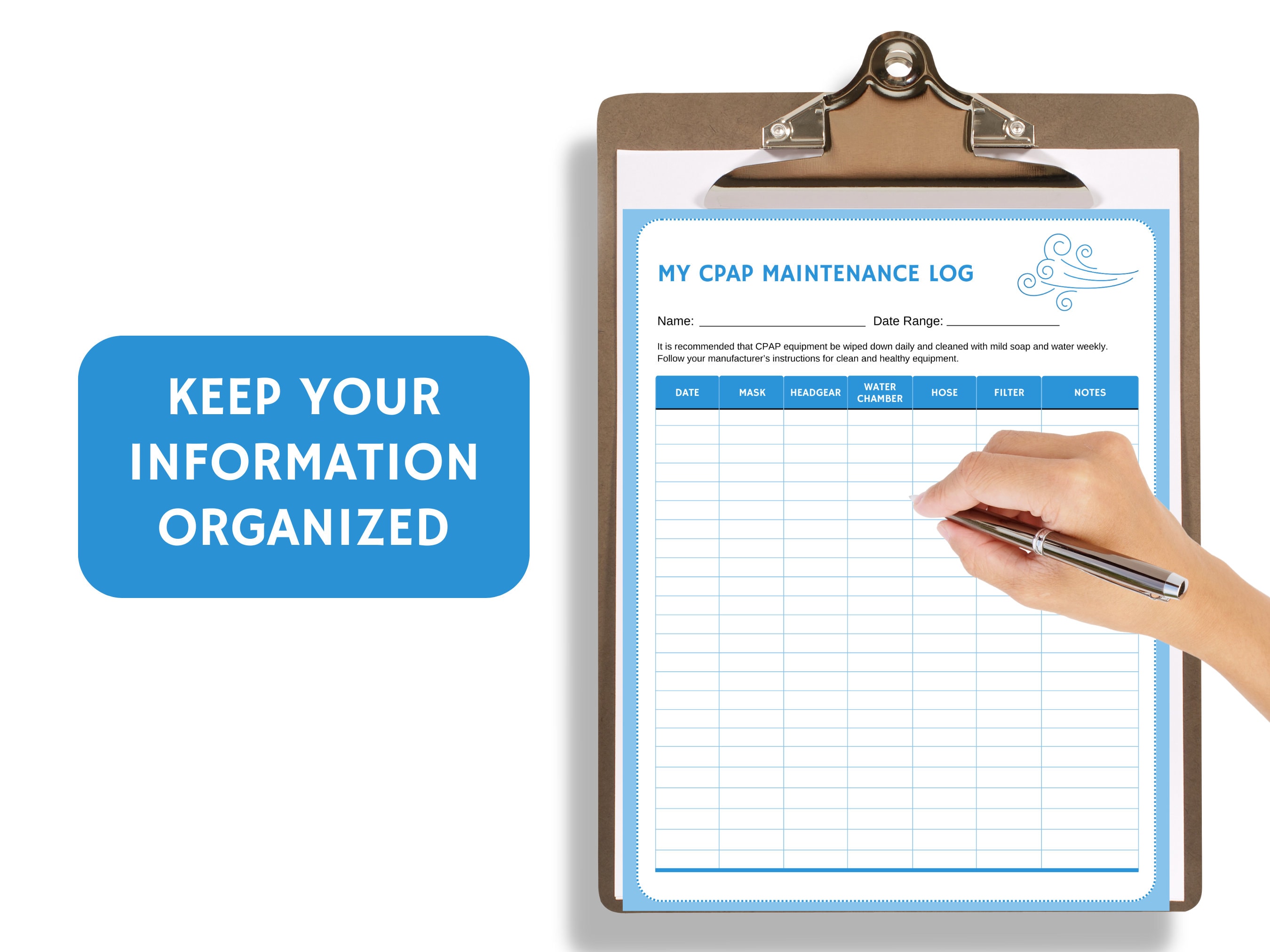 Editable CPAP Maintenance Log, Clean and Healthy Equipment Chart, Care ...