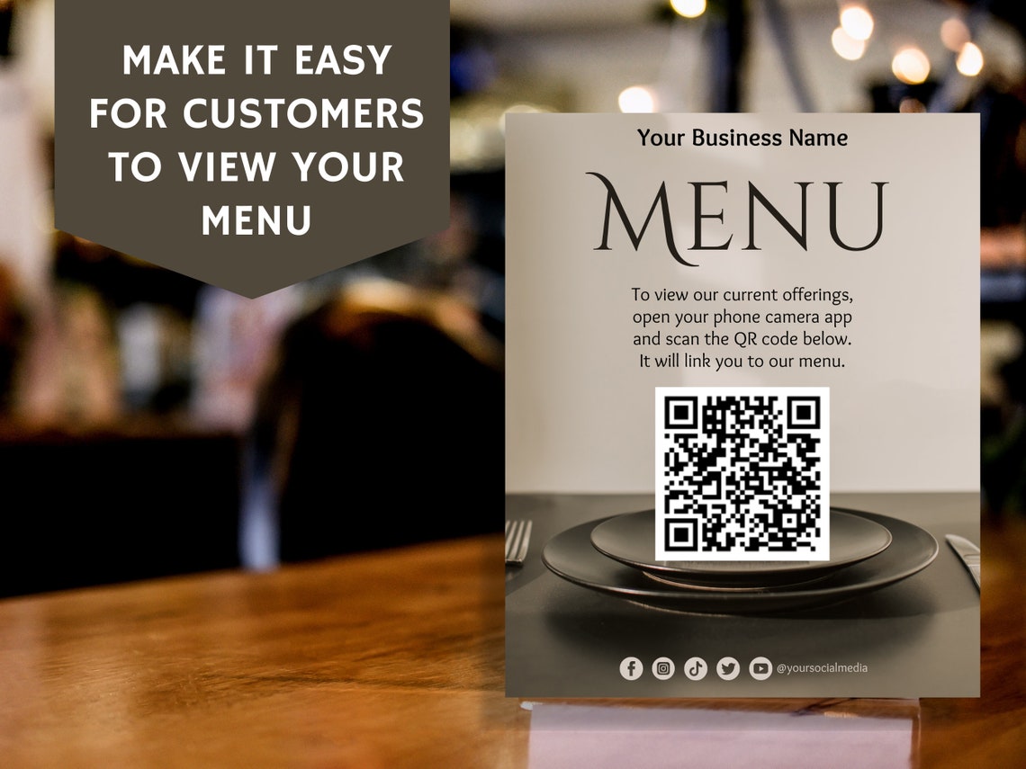 Printable Menu QR Code Scan Sign, Paperless Menu for Dining, Restaurant ...