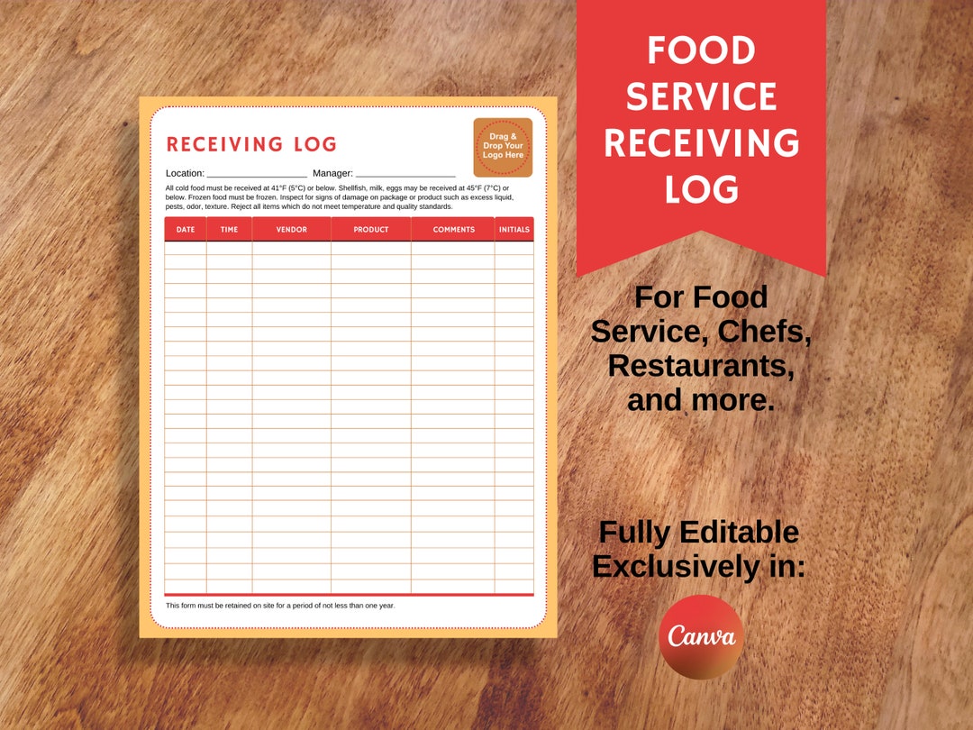 Receiving Log for Food Service, Restaurant Business Form, Food Quality ...
