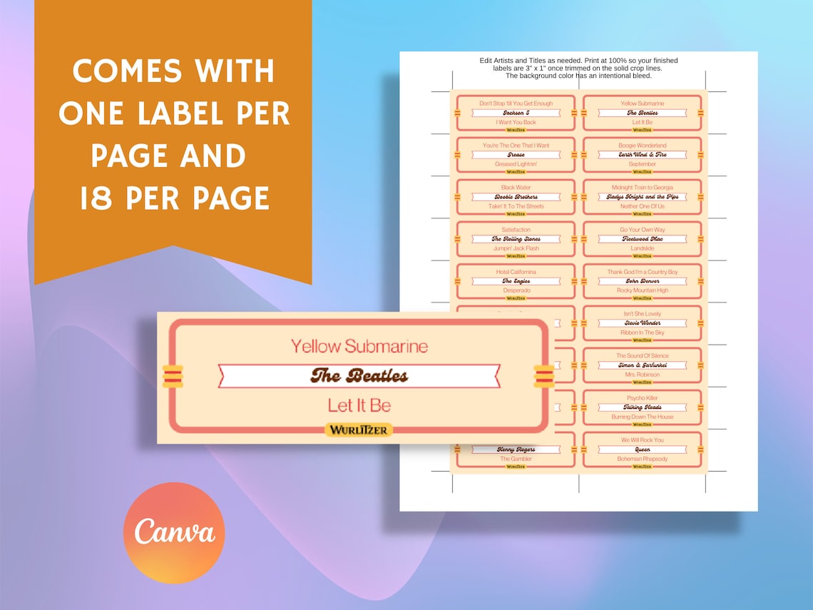 Editable Wurlitzer Jukebox Labels, Retro Song and Artist Labels ...
