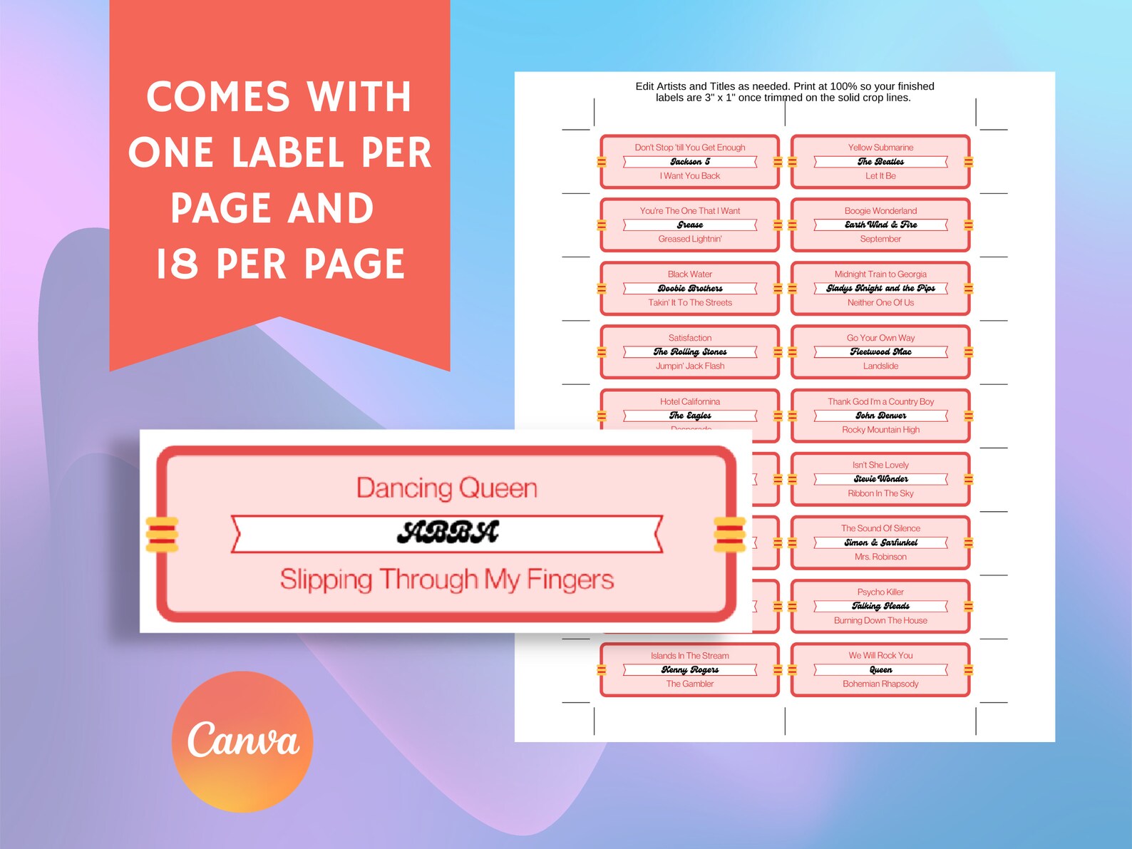 Editable Retro Jukebox Labels, Song and Artist Label, Customize With ...