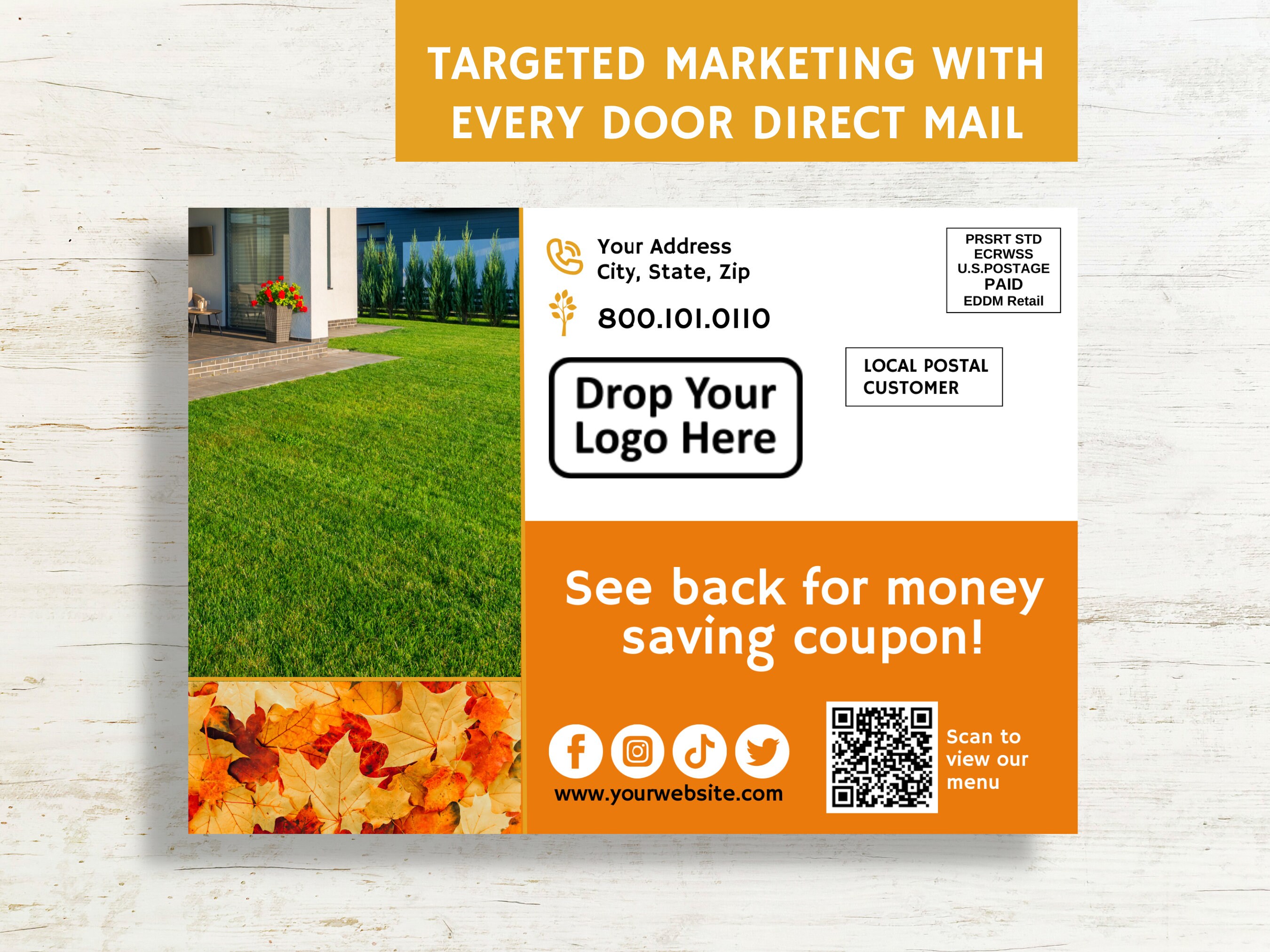 Lawn Service EDDM Postcard, Fall Landscaping Coupon Marketing Mailer, Fully Editable Canva, Two ...