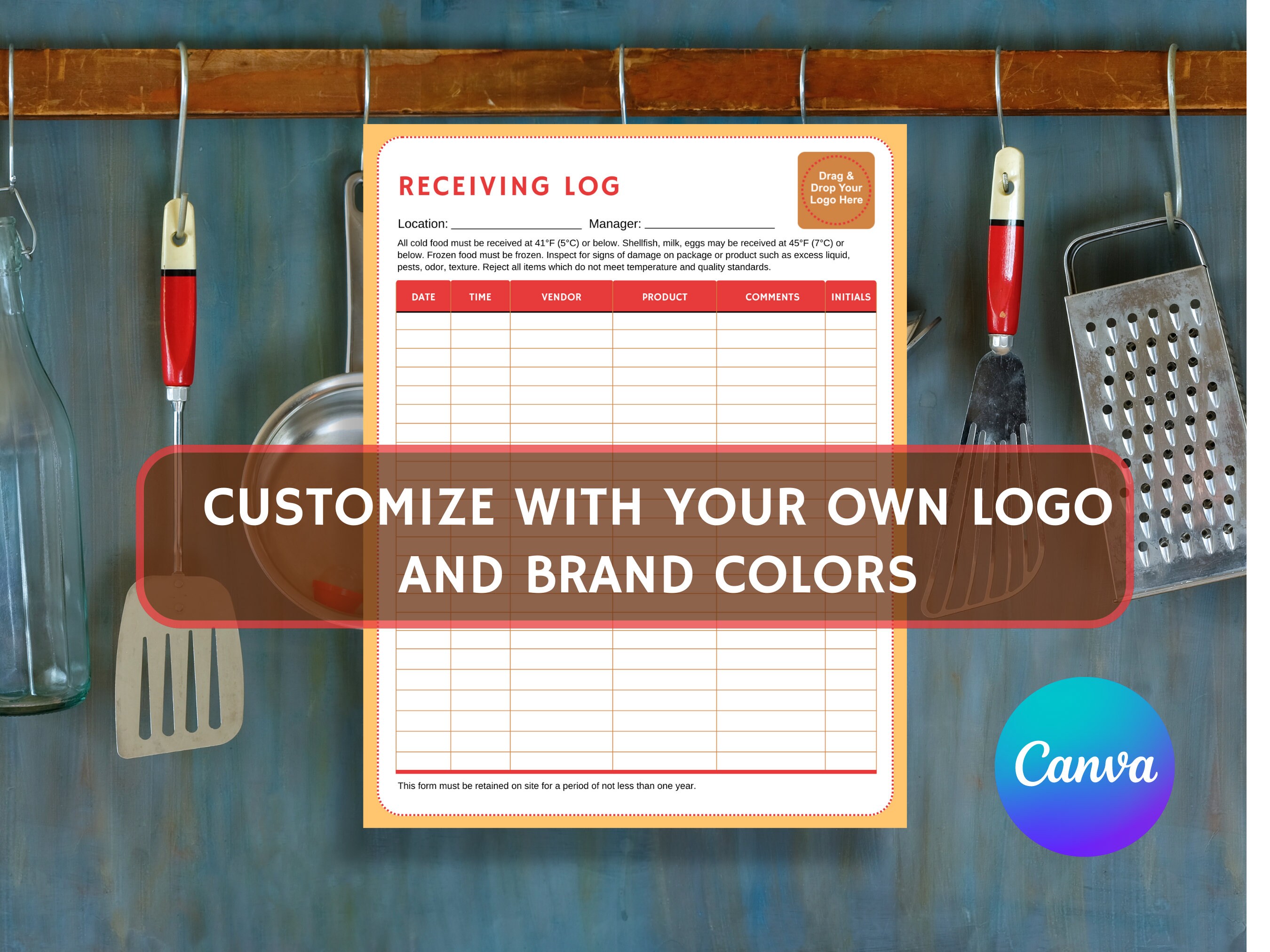 Receiving Log for Food Service, Restaurant Business Form, Food Quality ...