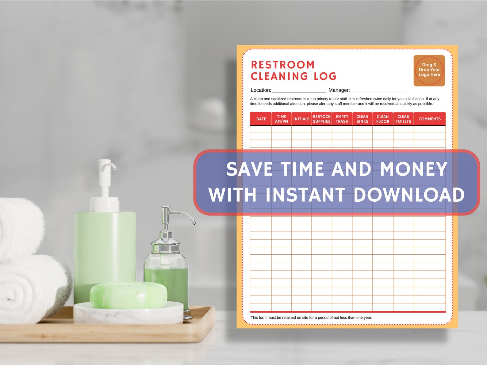 Restroom Cleaning Log, Commercial Bathroom Template, Fully Editable in ...