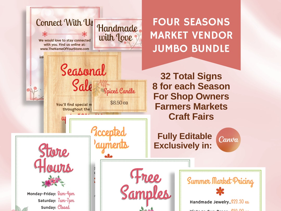 Market Vendor Signage Bundle, Sets of 8 for Spring Summer Fall Winter ...