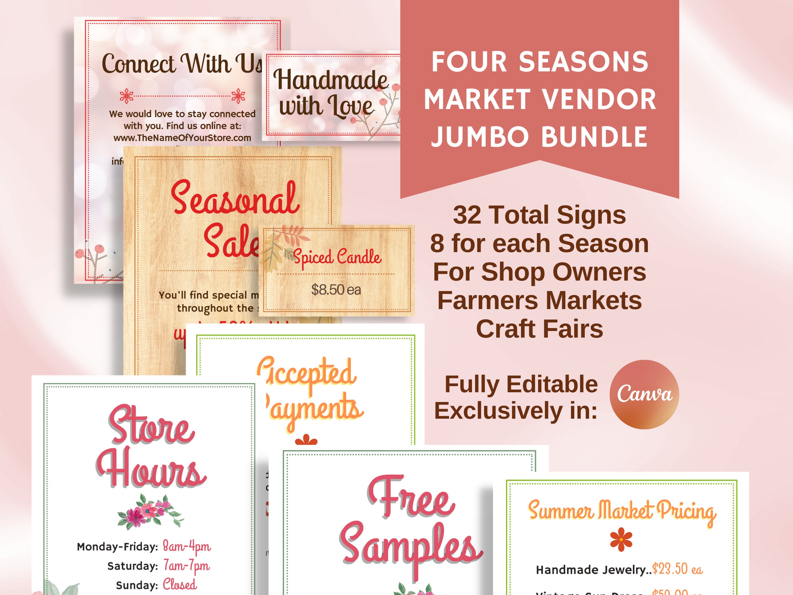 Market Vendor Signage Bundle, Sets of 8 for Spring Summer Fall Winter ...