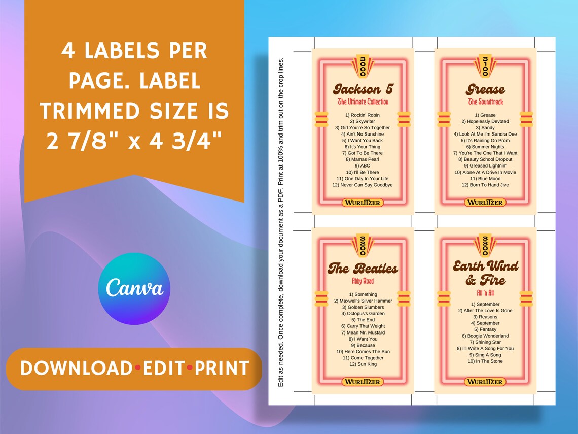 Editable Wurlitzer Jukebox Labels, Retro Album and CD Labels, Customize ...