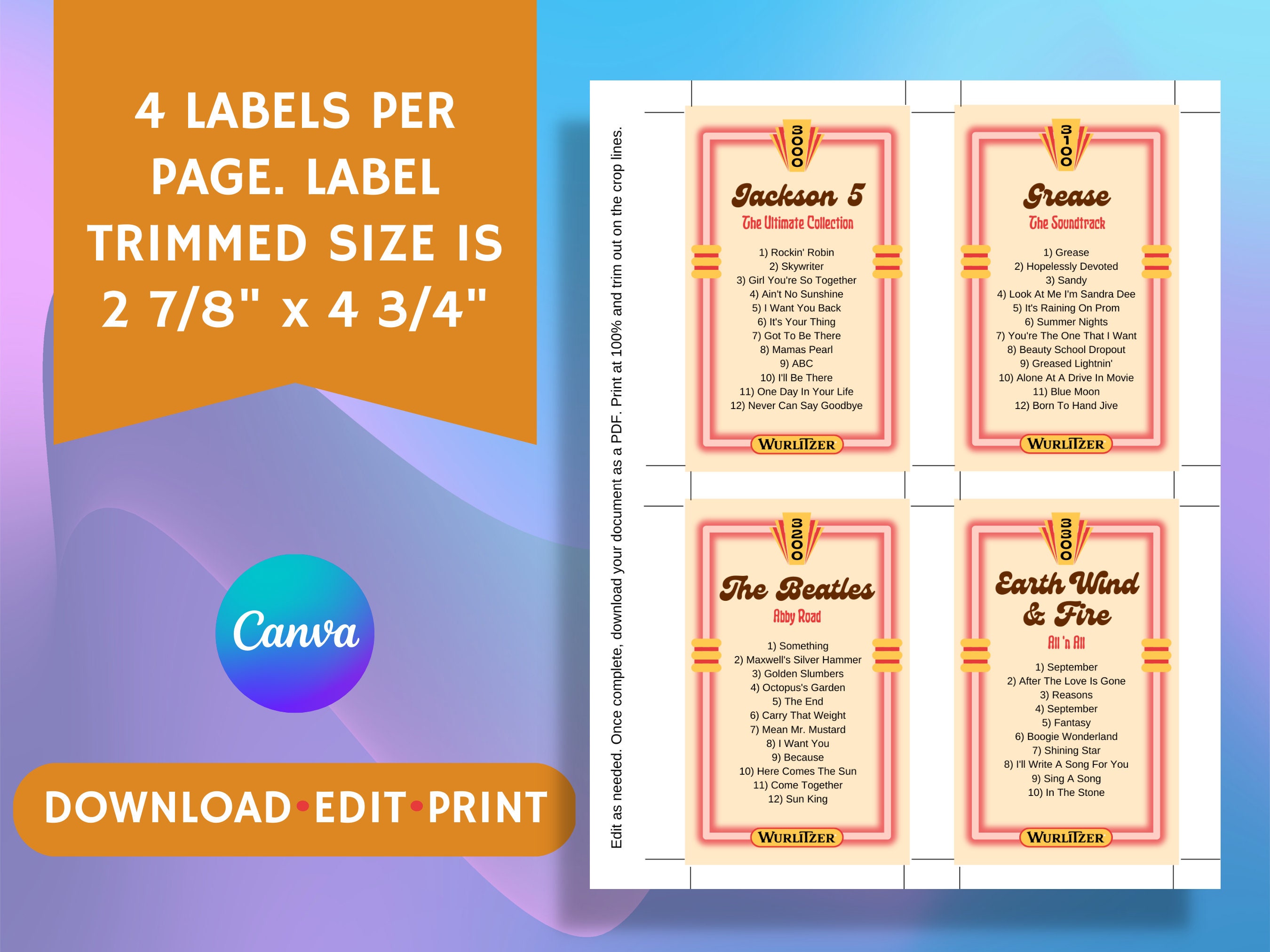 Editable Wurlitzer Jukebox Labels, Retro Album and CD Labels, Customize ...