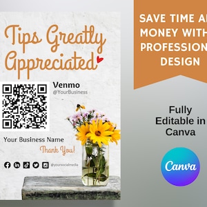 Virtual Tip Jar Sign, One QR Code Pay, Printable Venmo Payment Sign ...