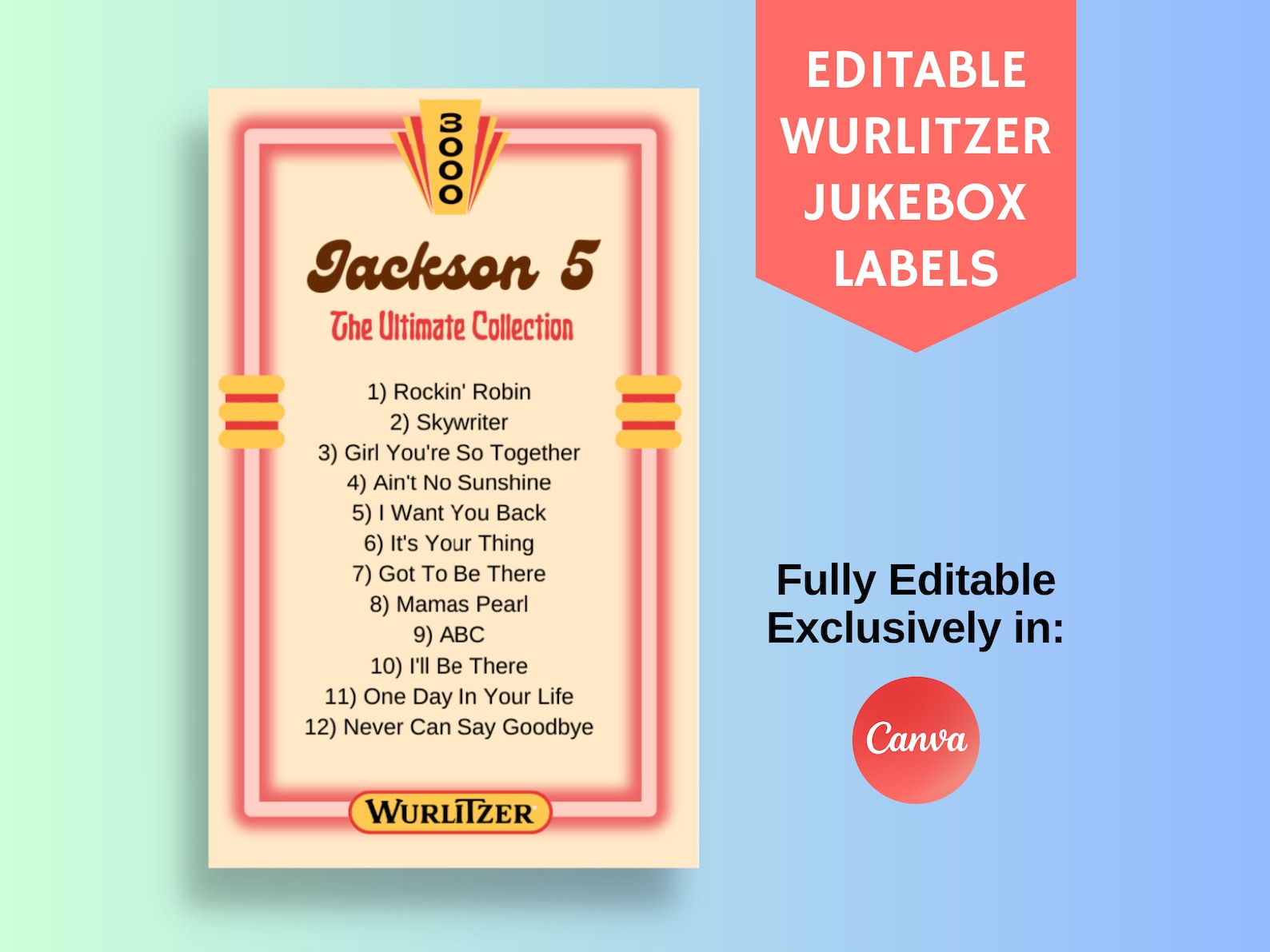 Editable Wurlitzer Jukebox Labels, Retro Album and CD Labels, Customize ...