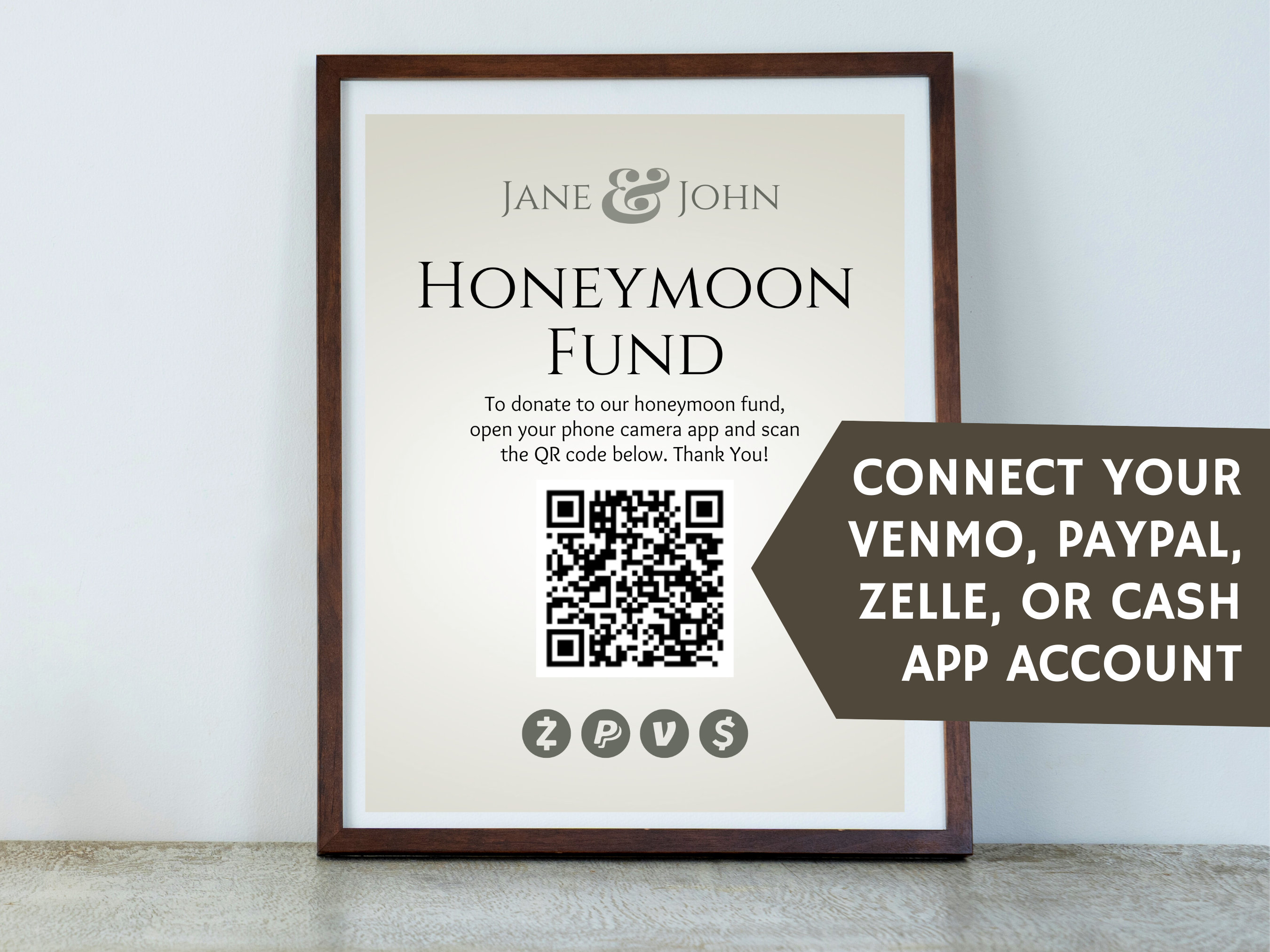 Honeymoon Fund QR Code Scan Sign, Venmo Paypal Cash App Zelle Donations ...
