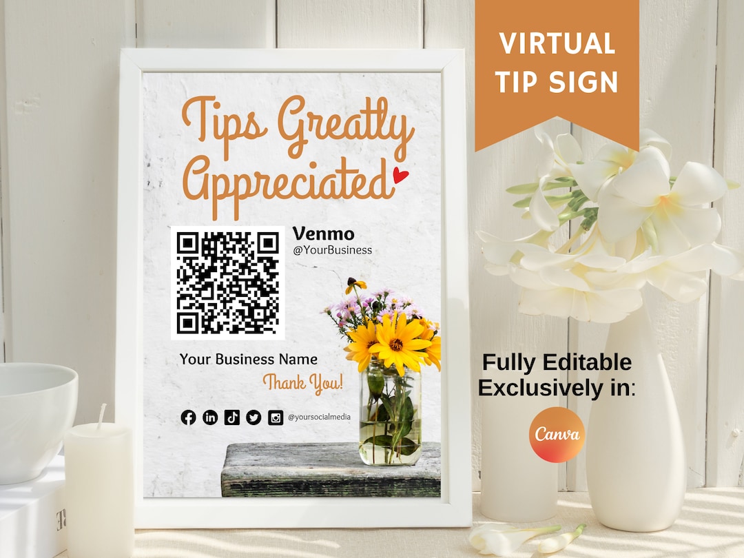 Virtual Tip Jar Sign, One QR Code Pay, Printable Venmo Payment Sign ...