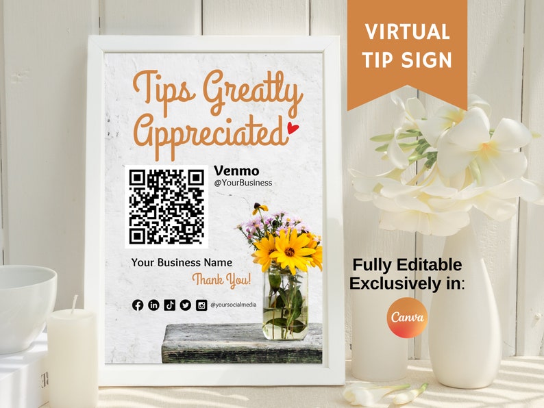 Virtual Tip Jar Sign, One QR Code Pay, Printable Venmo Payment Sign ...