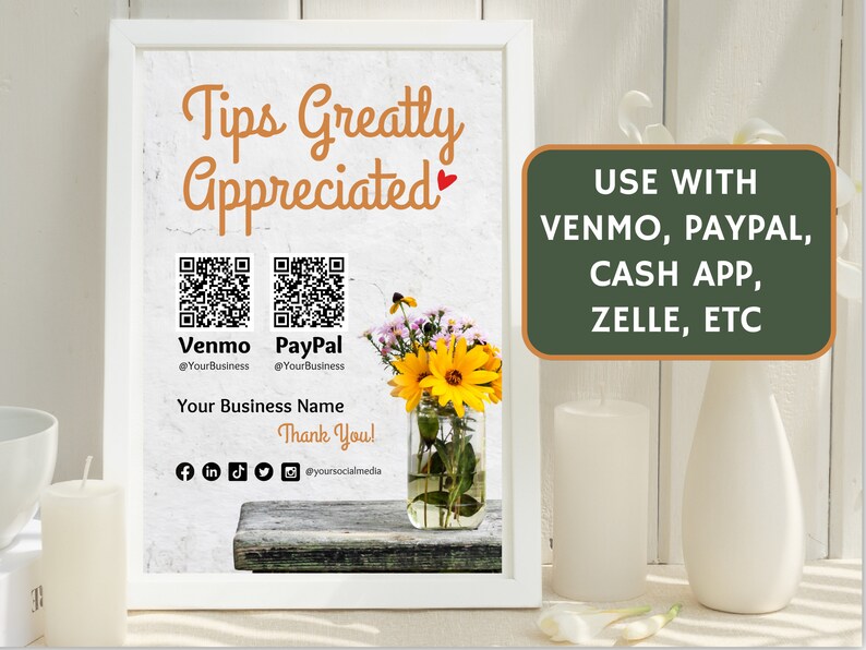 Virtual Tip Jar Sign, Two QR Code Pay, Printable Venmo Payment Sign ...