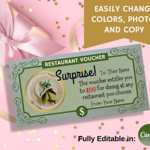 Elegant Restaurant Voucher Gift Reveal Certificate, Dining Surprise ...