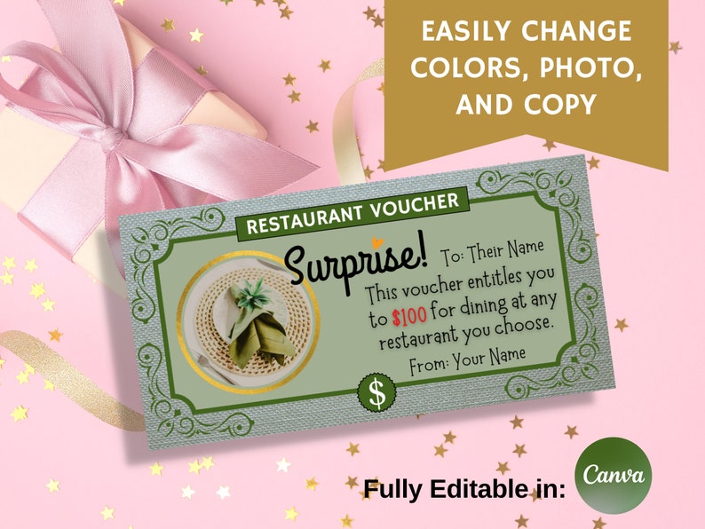 Elegant Restaurant Voucher Gift Reveal Certificate, Dining Surprise ...
