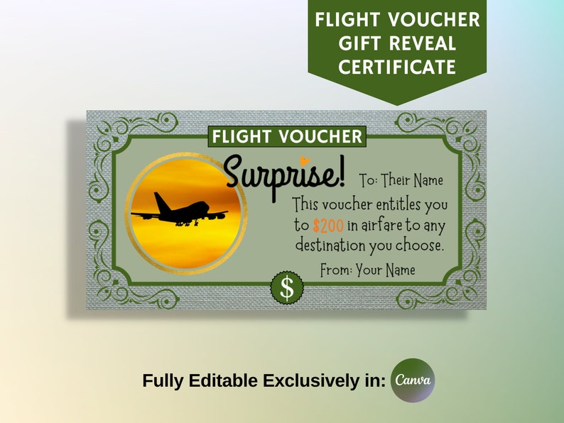 Flight Voucher Gift Reveal Certificate, Travel Surprise Gift Card ...