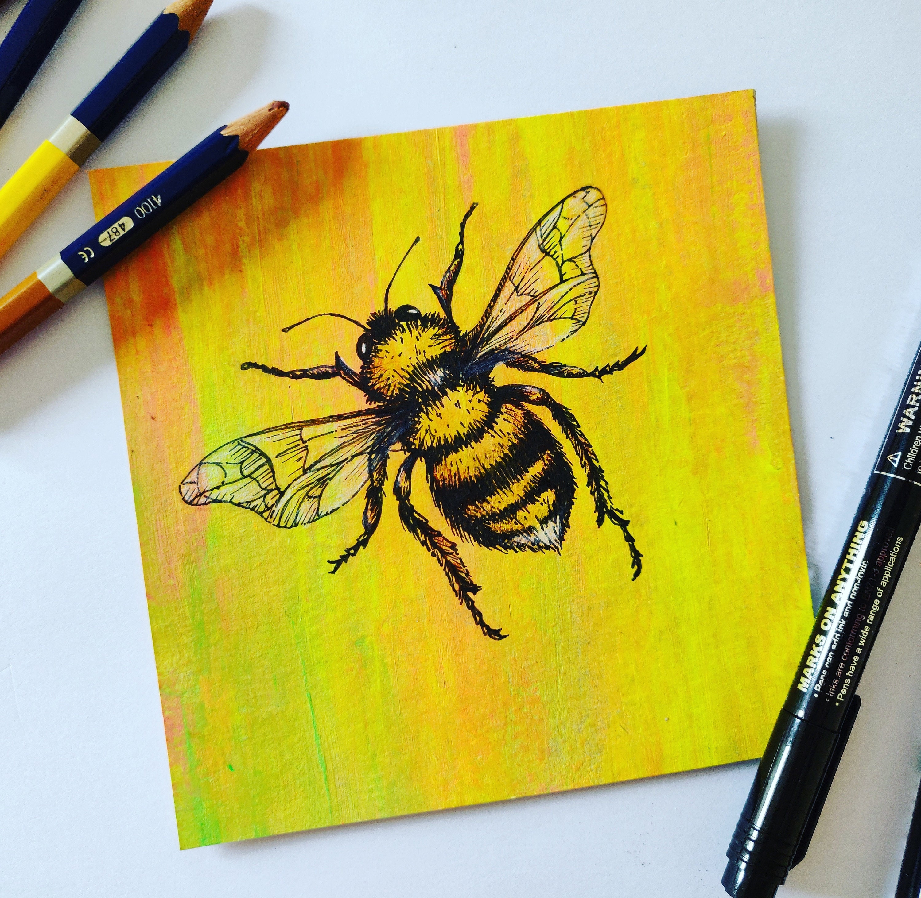 ORIGINAL Bee Drawing Acrylic, Pen and Pencils on Card - Etsy