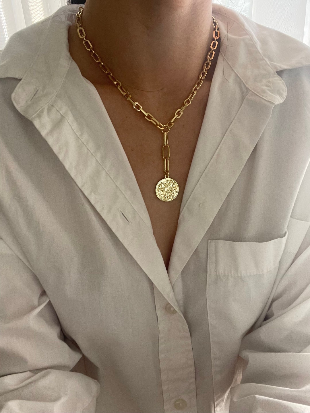 Chunky Paperclip Chain Necklace: Gold Coin Medallion Y Lariat - Etsy