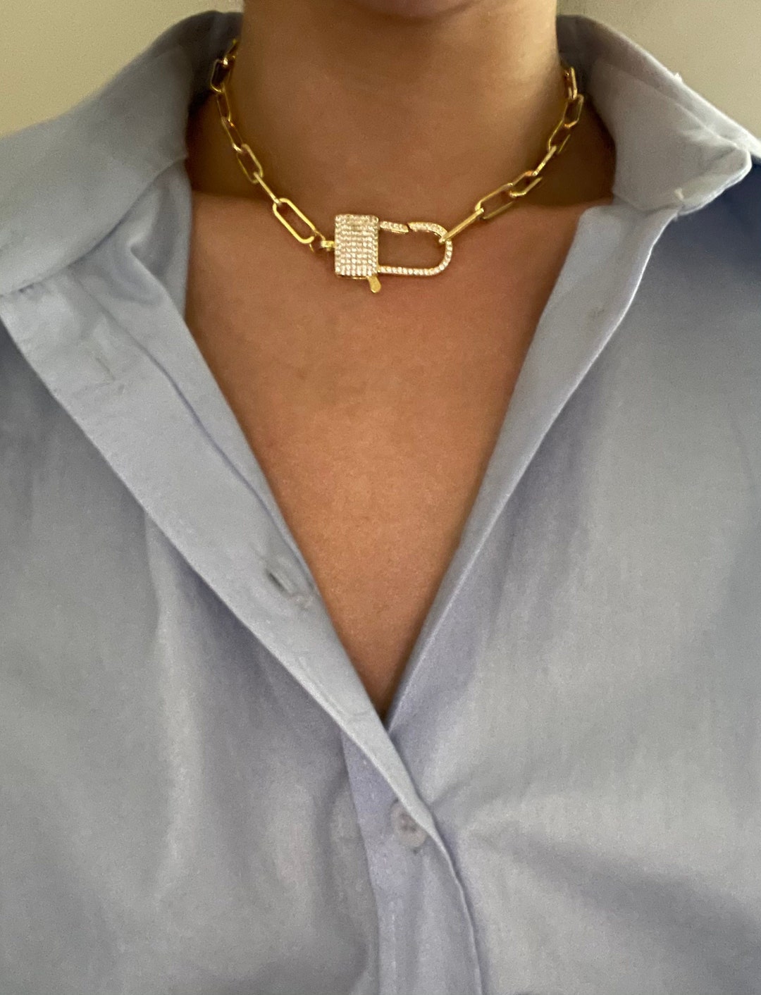 Gold Jumbo Chunky Paperclip Link Chain Statement Necklace, Large CZ ...