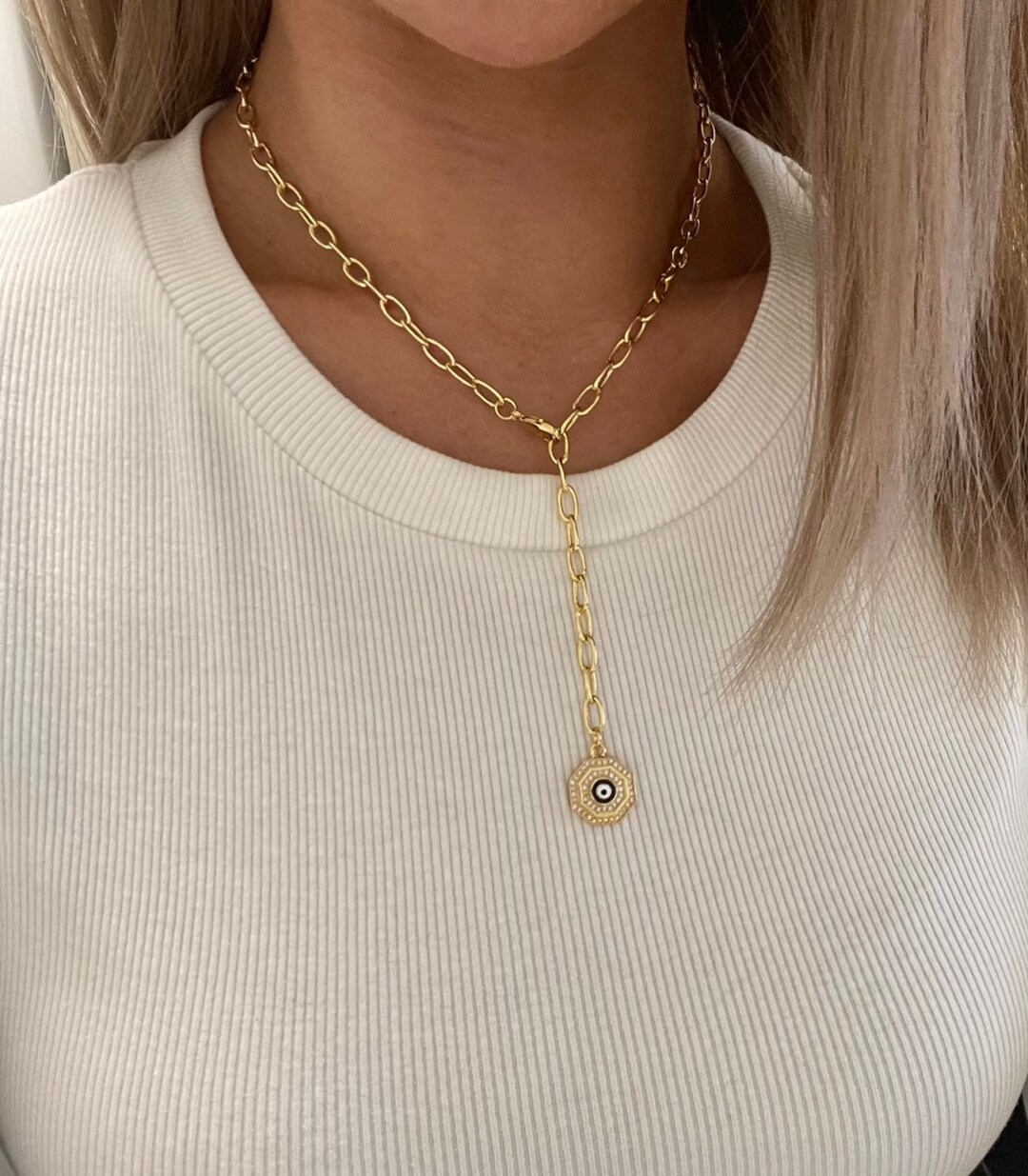 Multi-way Paperclip Lariat Necklace, Evil Eye Necklace, Evil Eye Coin ...
