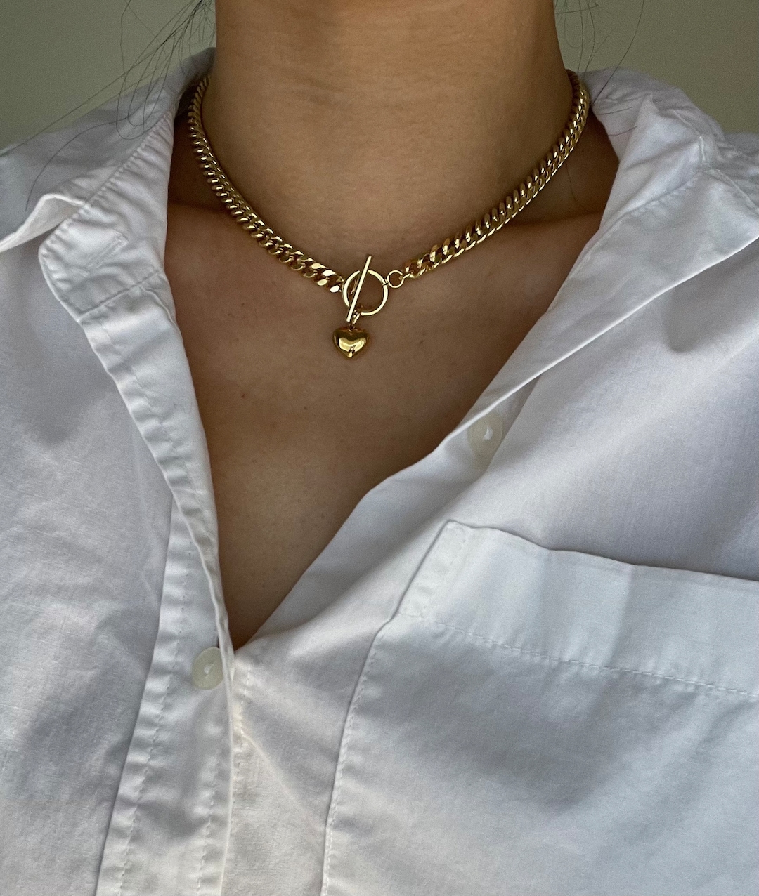 Chunky Cuban Chain Necklace, Heart Pendant, Toggle Choker, Statement ...