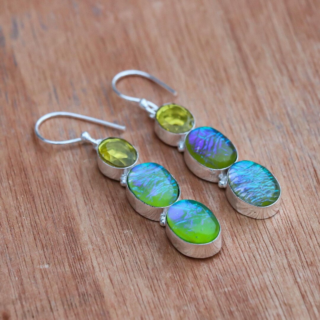 Sterling Silver Green Opal Earrings: Handmade Iridescent Jewelry - Etsy