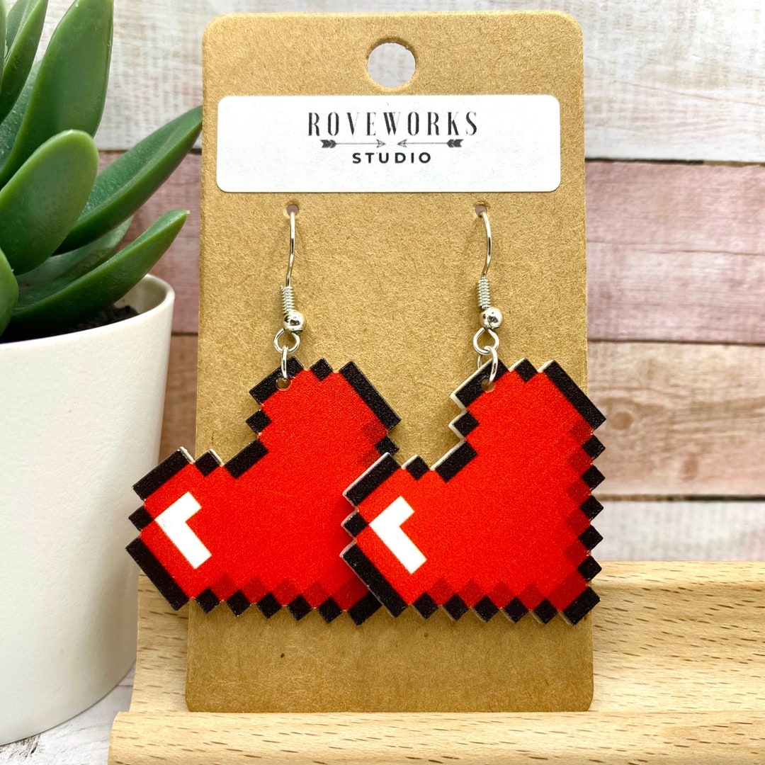 Big 8-bit PIXEL HEART Earrings Large Red Planar Resin Retro Gamer Girl ...
