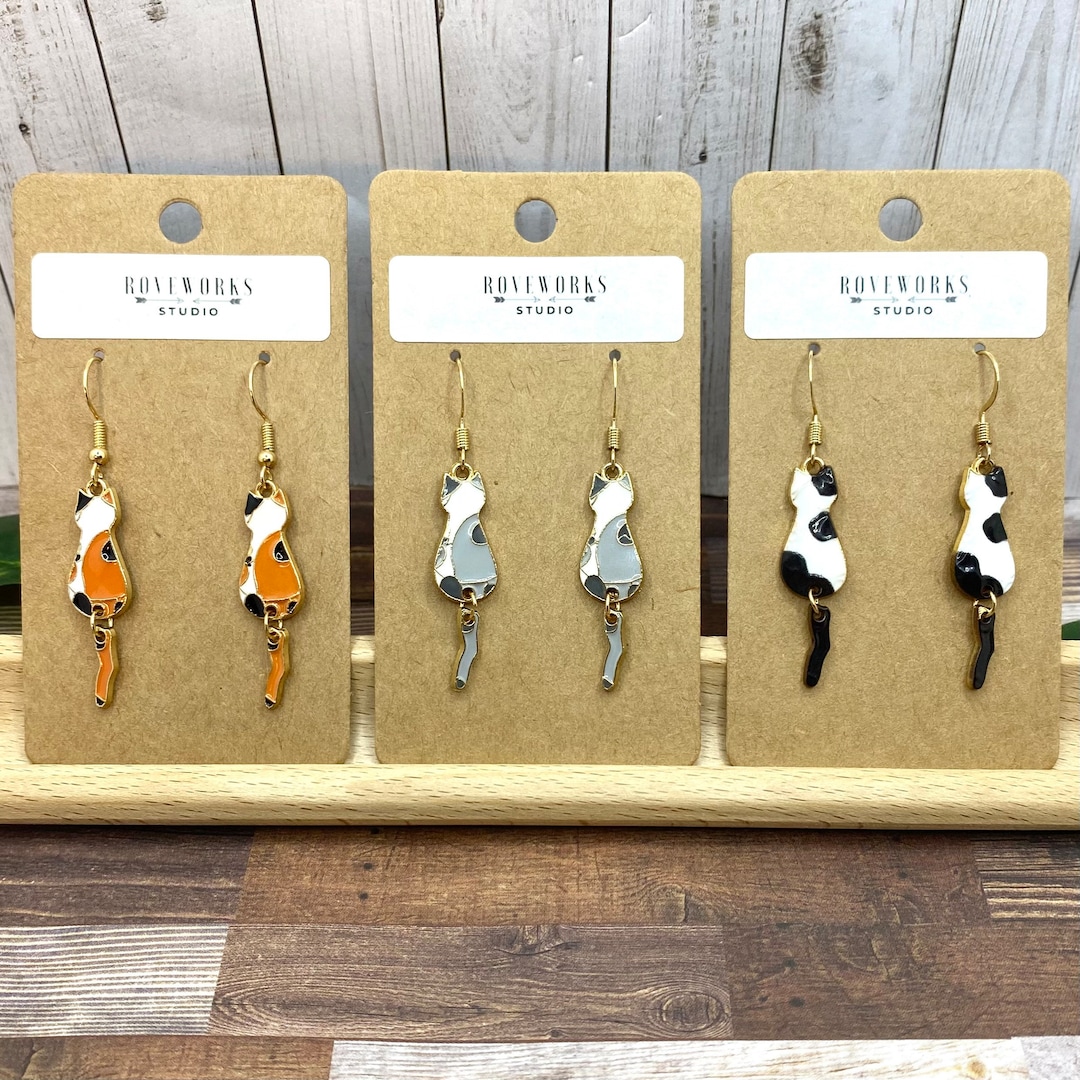 WIGGLEY TAIL CAT Earrings - Calico Dangley Drop Kitten Charms, Spotted ...