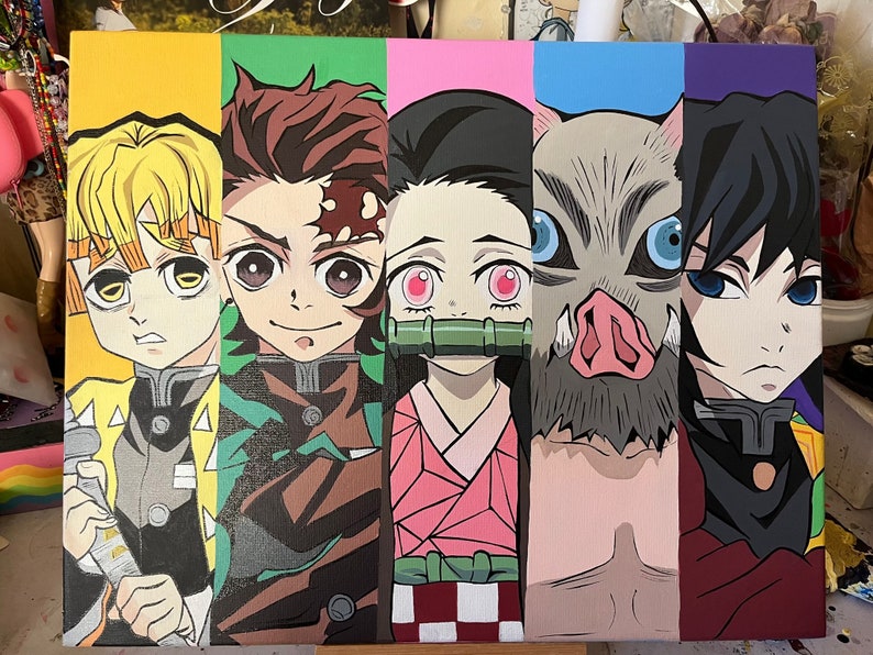 Zenitsu, Tanjiro, Nezuko, Inosuke, and Giyo Painting - Etsy