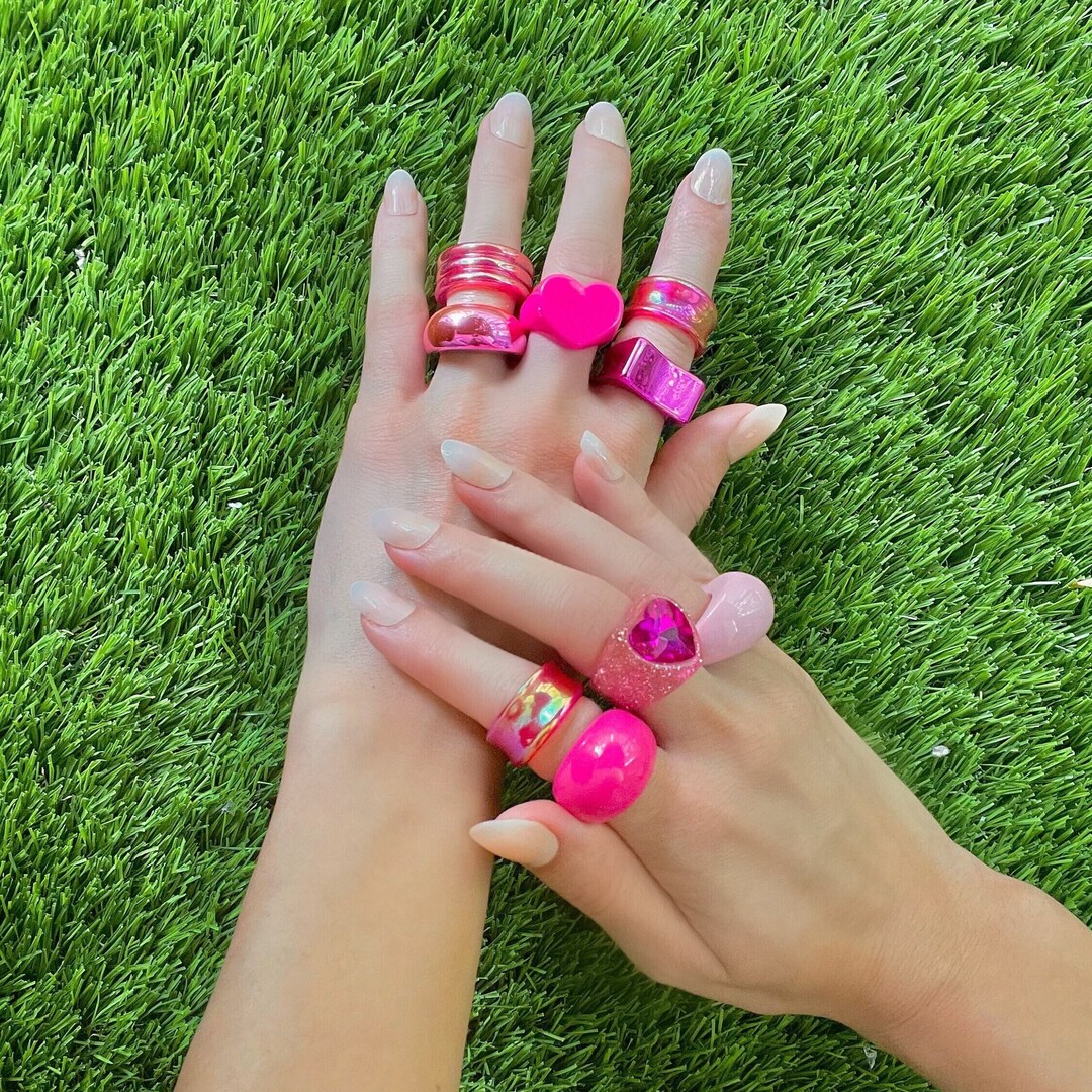 Popular Pink Chunky 9pcs Rings, 2024 Beach Summer Trendy Rings,clear ...