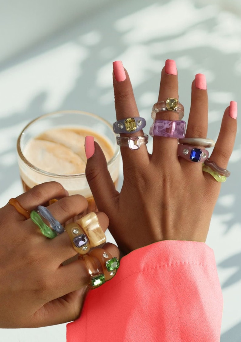 Popular Pink Chunky 15pcs Rings, 2025 Beach Summer Trendy Rings,clear ...